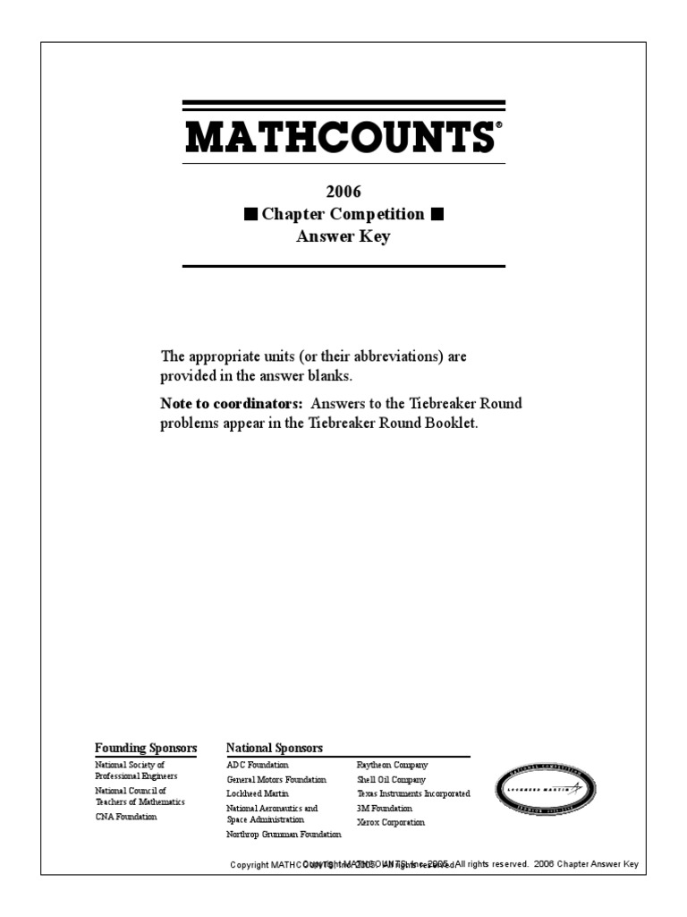 Mathcounts: 2006 Chapter Competition Answer Key | PDF | Teaching Mathematics | Business