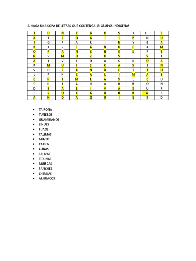 # 2 Sopa de Letras Pueblos Indigenas Colombia | PDF