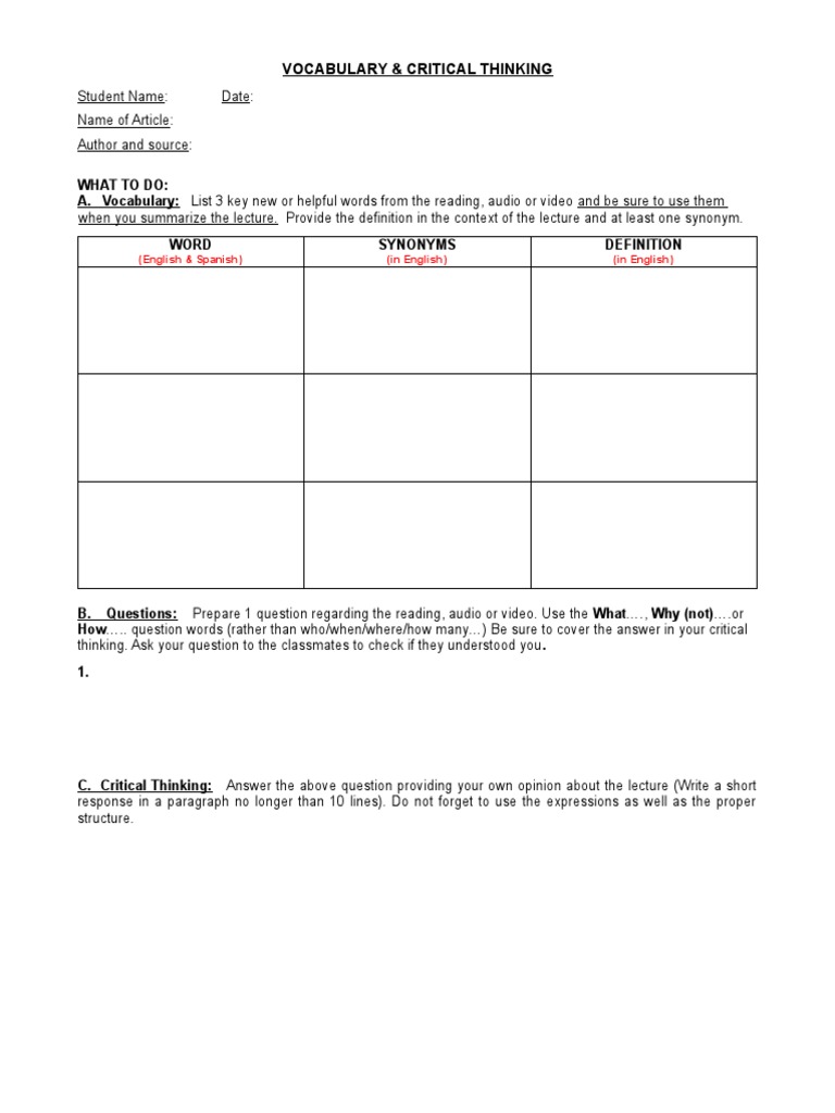 Vocabulary Critical Thinking | PDF