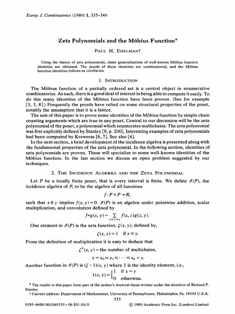 Zeta Polynomials and The Mobius Function : Europ. Combinatorics | PDF | Numbers | Mathematical ...