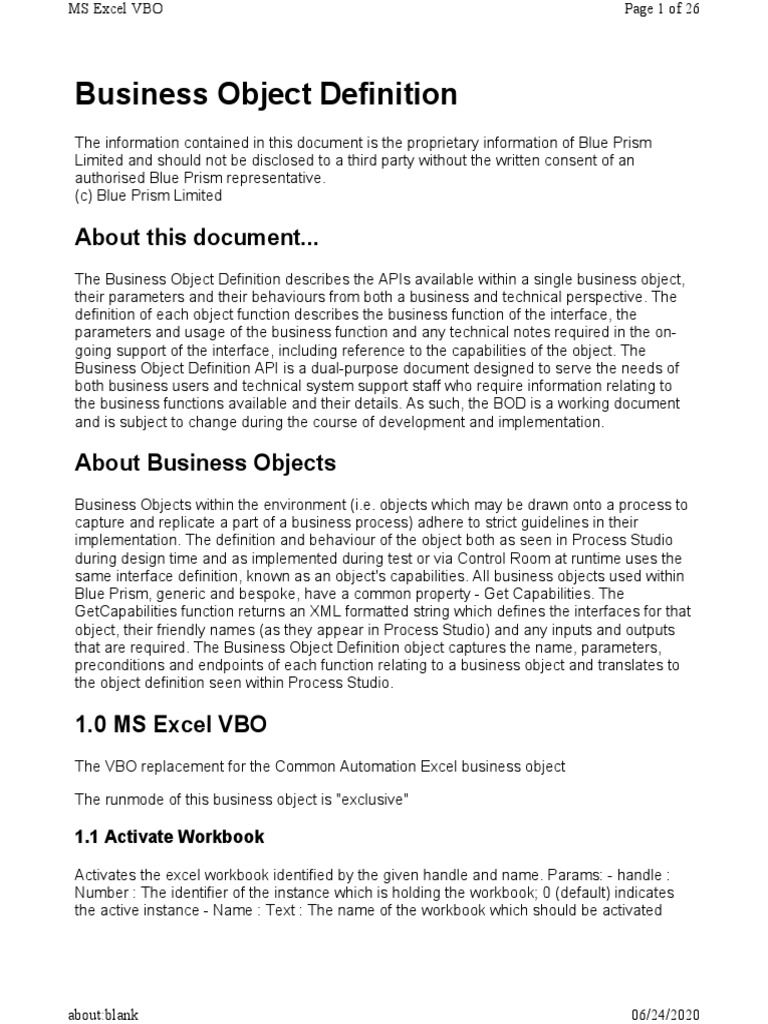 Blue Prism - VBO Excel PDF | Download Free PDF | Parameter (Computer Programming) | Worksheet