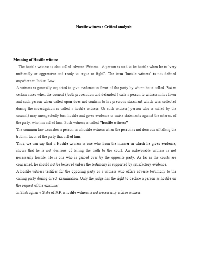 Critical Analysis of the Evidentiary Value and Treatment of Hostile ...