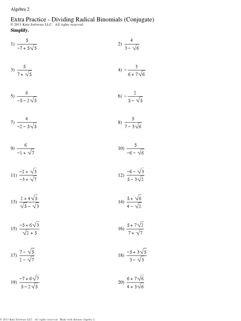 Extra Practice - Dividing Radical Binomials (Conjugate) : Simplify ...