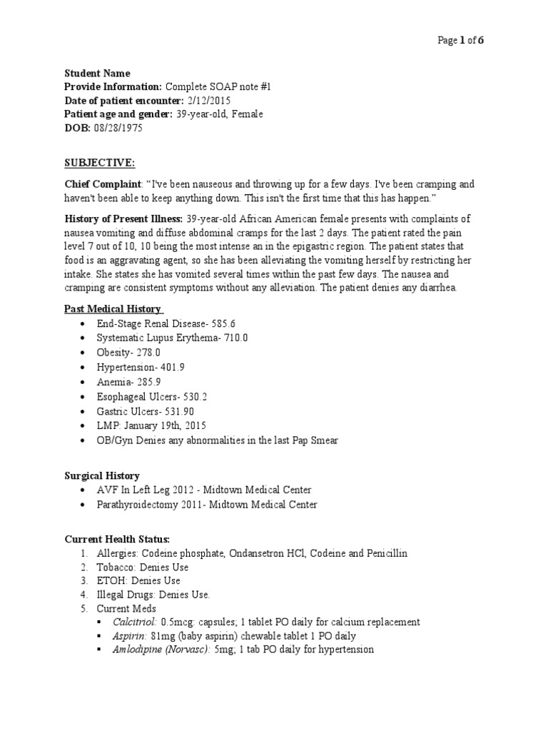 Complete SOAP Note for 39-Year-Old Female with Nausea and Vomiting ...