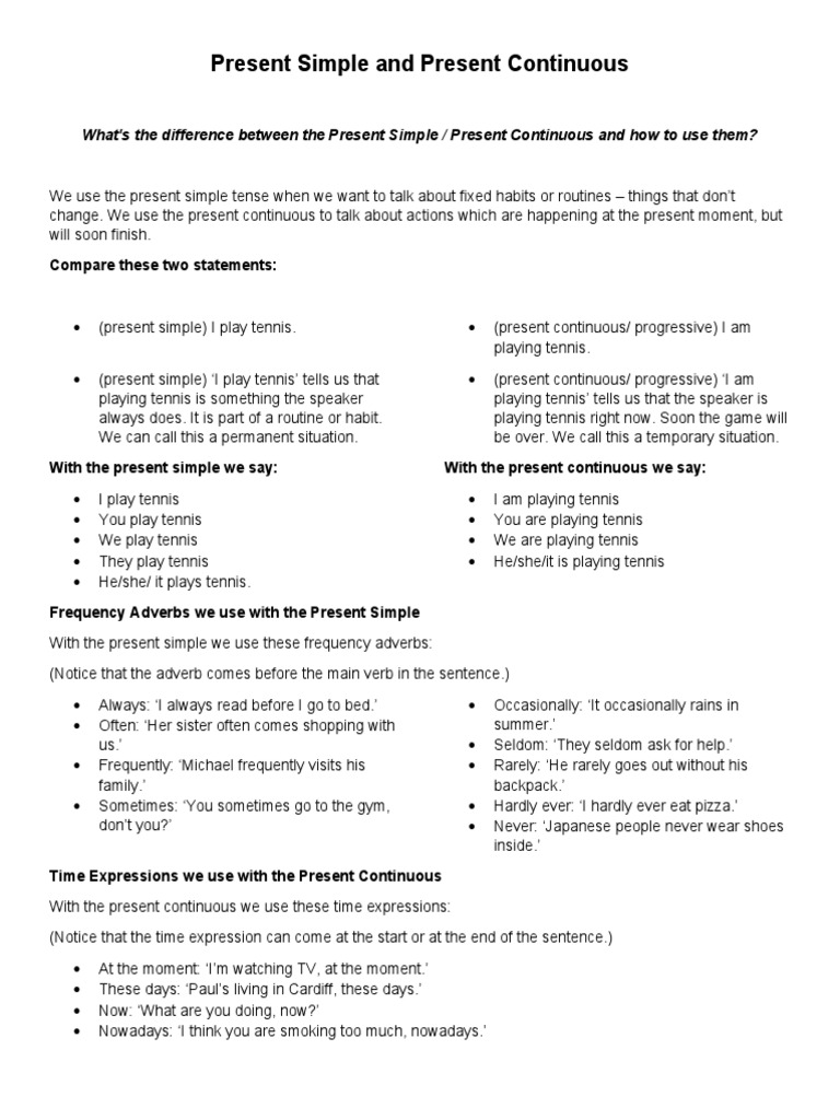 Present Simple and Present Continuous Handout | PDF | Sentence (Linguistics) | Linguistic Morphology