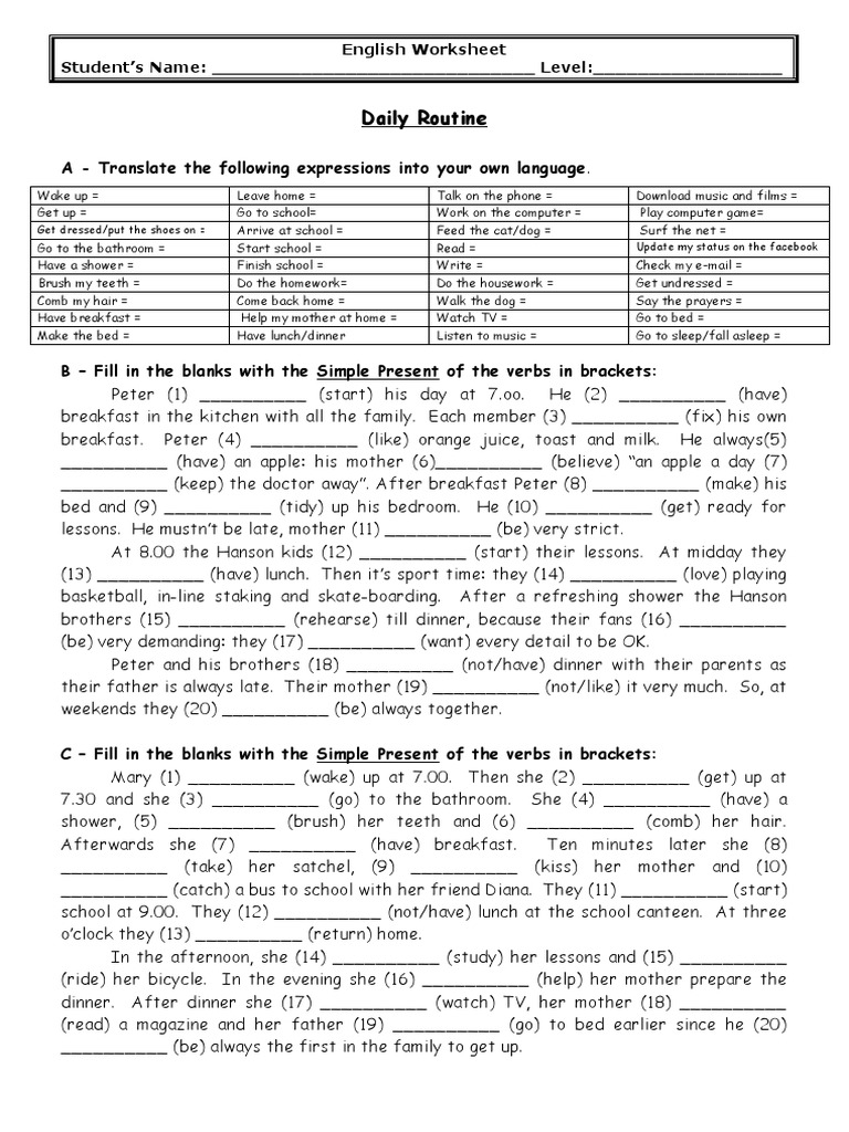Daily Routine: A - Translate The Following Expressions Into Your Own ...