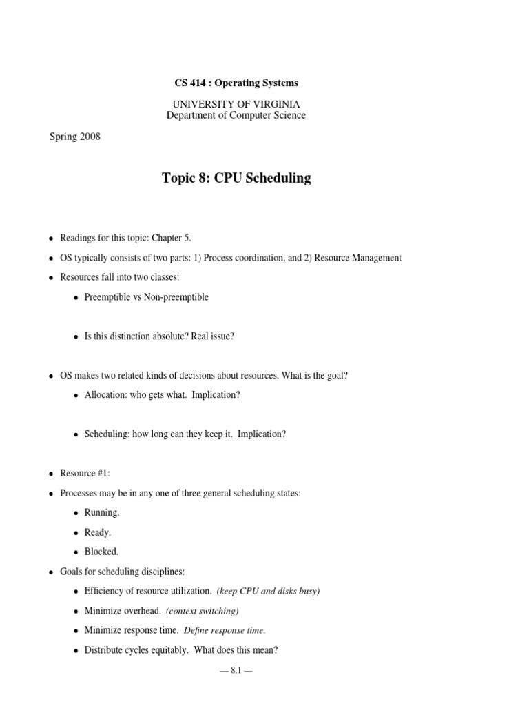 Topic 8: CPU Scheduling: University of Virginia Department of Computer Science Spring 2008 | PDF ...