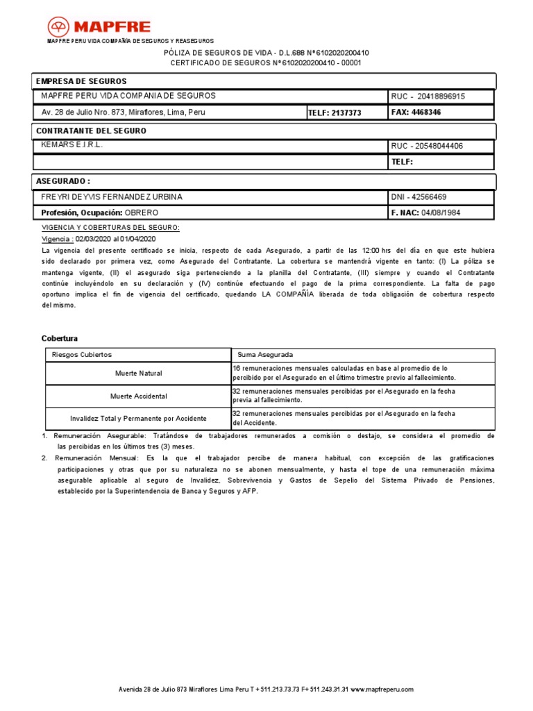 Certificado CER4664945 | PDF | Póliza de seguros | Reaseguro