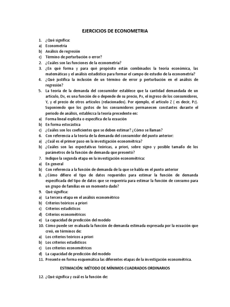EJERCICIOS DE ECONOMETRIA SDDSG | PDF | Econometría | Mínimos cuadrados ordinarios