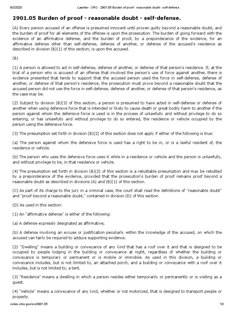 Lawriter - OrC - 2901.05 Burden of Proof - Reasonable Doubt - Self ...