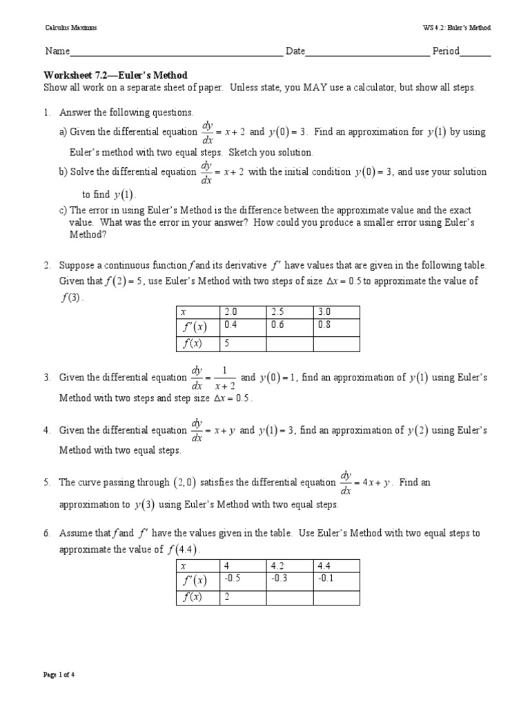Worksheet 7.2-Euler's Method: Dy X DX Dy X DX | PDF | Differential ...