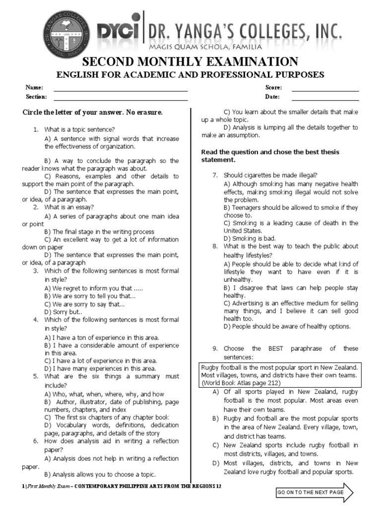 Second Monthly Examination: English For Academic and Professional ...
