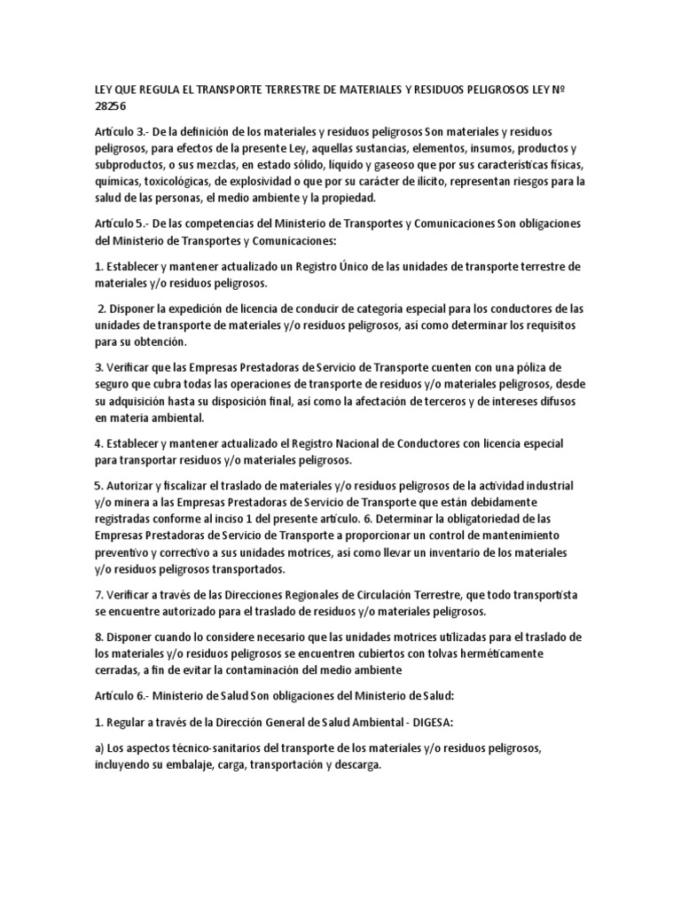 Ley Que Regula El Transporte Terrestre de Materiales y Residuos Peligrosos Ley #28256 | PDF ...