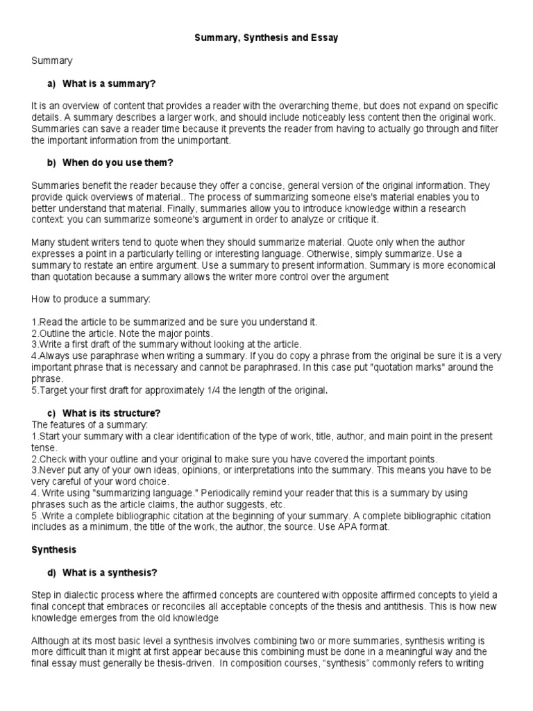 Summary, Synthesis and Essay | Download Free PDF | Essays | Argument