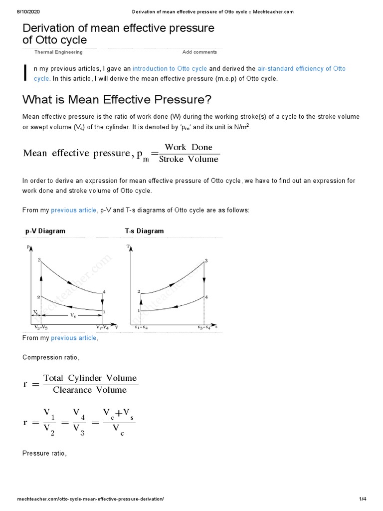 Derivation of Mean Effective Pressure of Otto Cycle | PDF | Propulsion ...