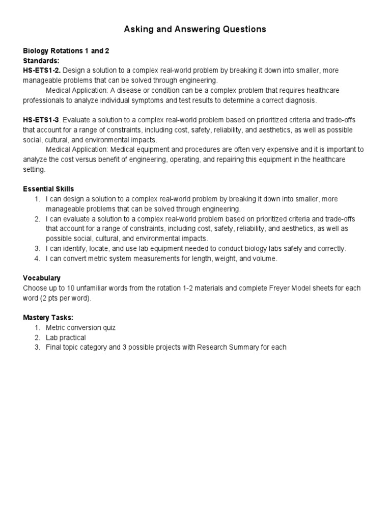 Asking and Answering Questions: Biology Rotations 1 and 2 Standards: HS ...