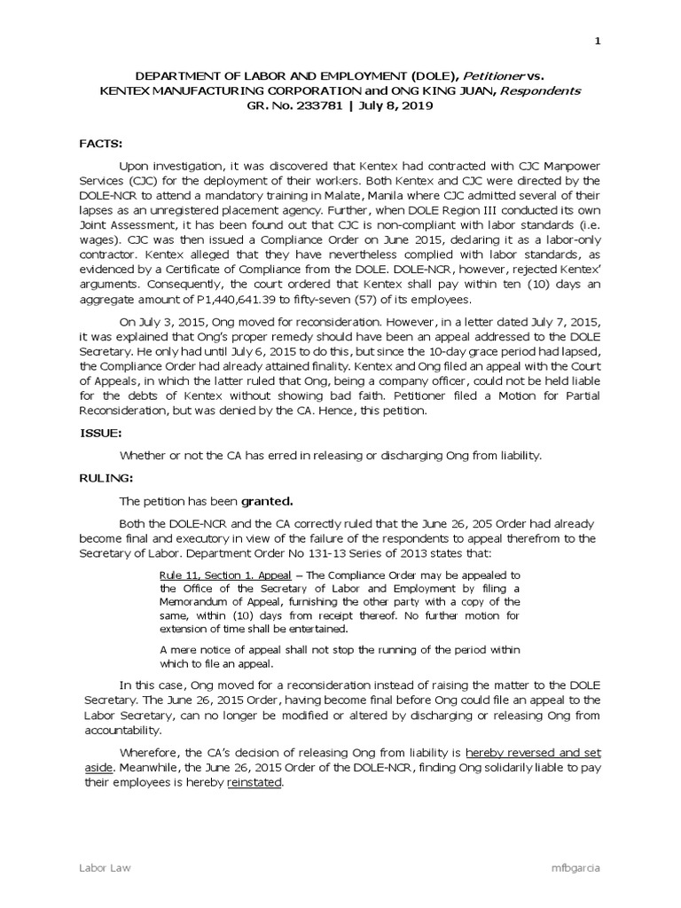 Department of Labor and Employment Vs Kentex Manufacturing Corporation ...