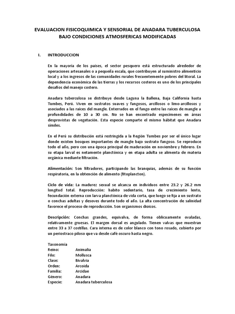 Evaluacion Fisicoquimica y Sensorial de Anadara Tuberculosa Bajo ...