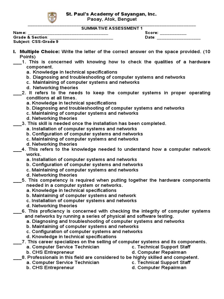 Summative Assessment 1 First Grading | PDF | System | Technical Support