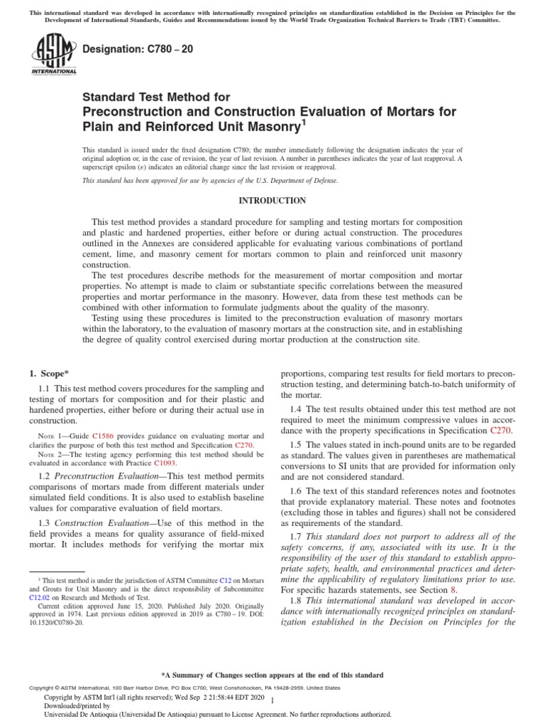 Astm C780 | PDF | Mortar (Masonry) | Lime (Material)