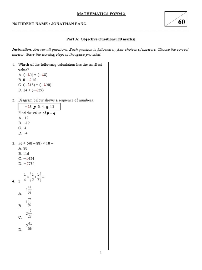 Form 2 Mathematics Questions & Answers | PDF | Algebra | Mathematical ...