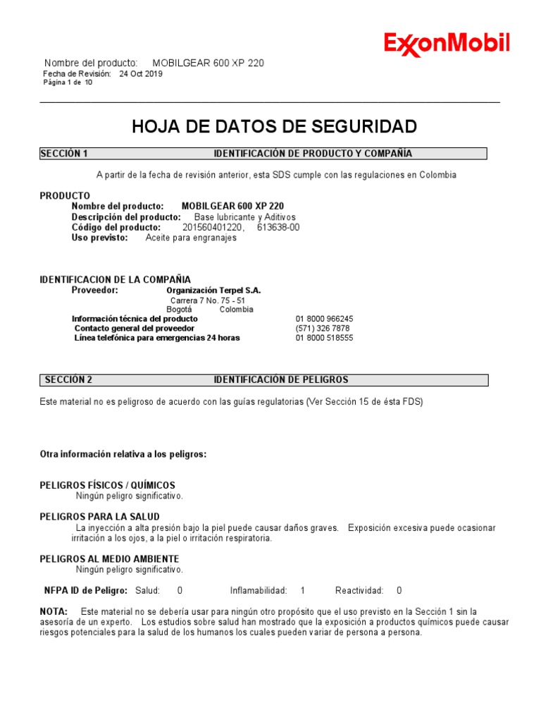 FDS Aceite Mobil Gear 600 XP 220 | PDF | Descarga electrostática | Guante