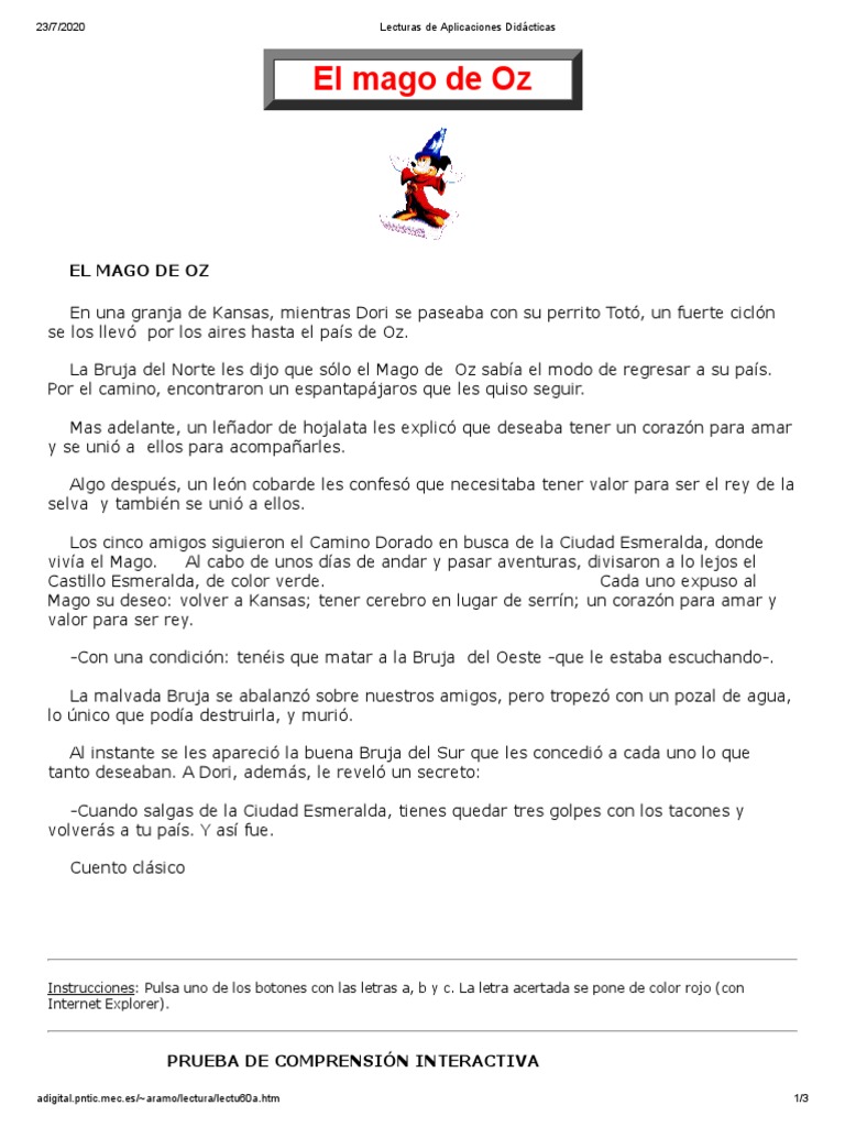 El Mago de Oz compresión de lectura | PDF | Ocio