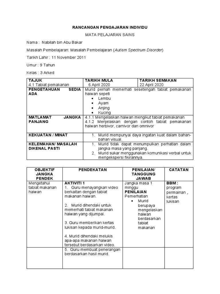 Rancangan Pengajaran Individu - Autisme | PDF