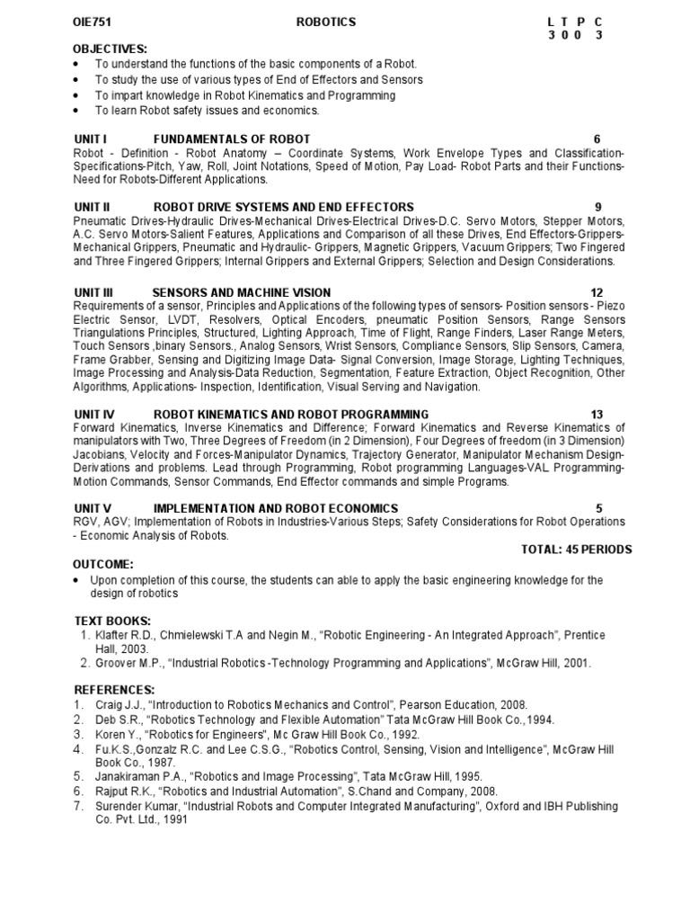 OIE751 Robotics Syllabus | PDF | Robotics | Robot