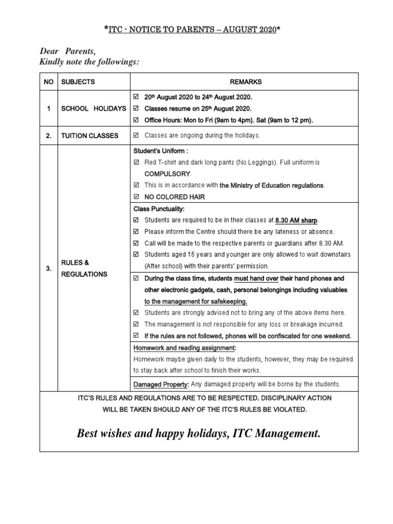 ITC Parent Notice: August 2020 Updates | PDF