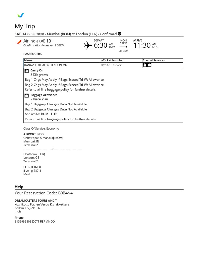 My Trip: Air India (AI) 131 | PDF