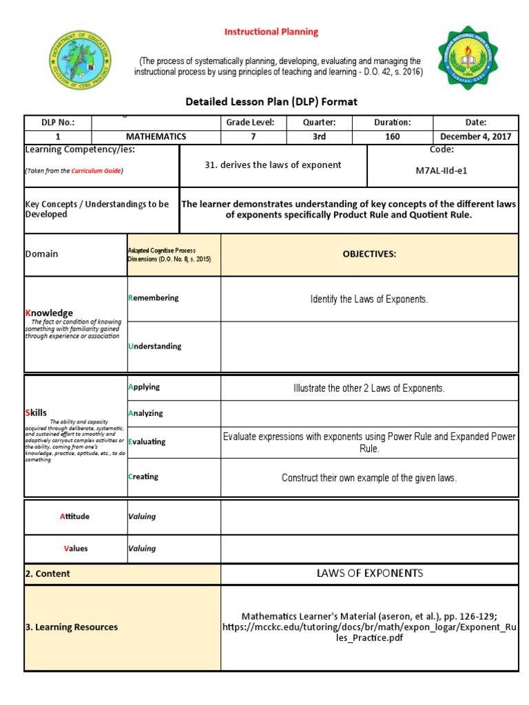 Detailed Lesson Plan (DLP) Format: 1 Mathematics 7 3rd 160 December 4 ...