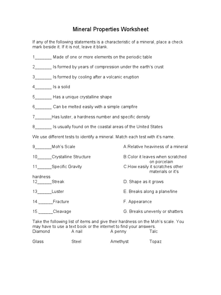 Mineral Properties Worksheet | PDF | Gemstone | Minerals