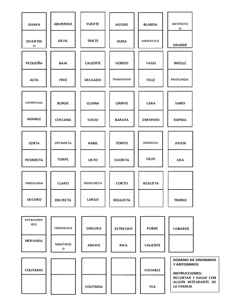 Dominó de Sinónimos y Antónimos | PDF