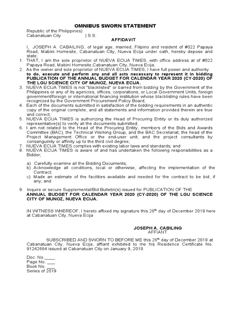 Omnibus Sworn Statement | PDF | Affidavit | Public Law