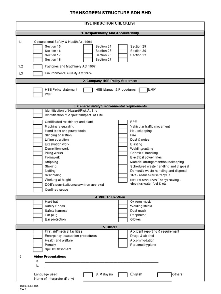 Transgreen Structure SDN BHD: Hse Induction Checklist | PDF | Personal Protective Equipment ...
