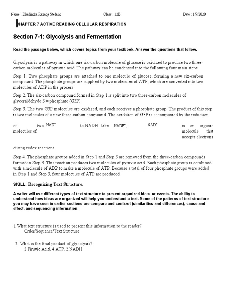 Section 7-1: Glycolysis and Fermentation: Chapter 7 Active Reading ...