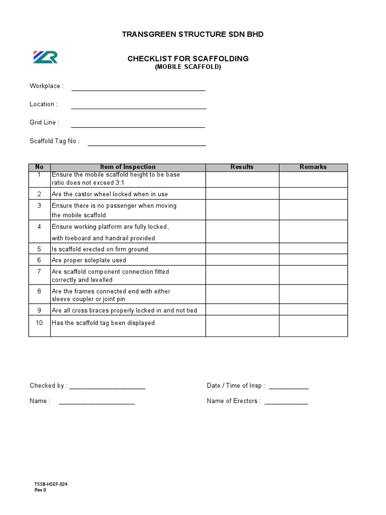 024 - Mobile Scaffold Inspection Checklist | PDF