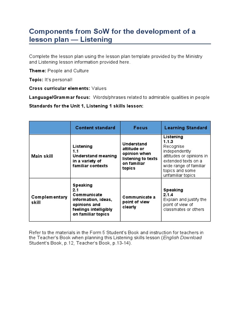 Components From Sow For The Development of A Lesson Plan - Listening ...
