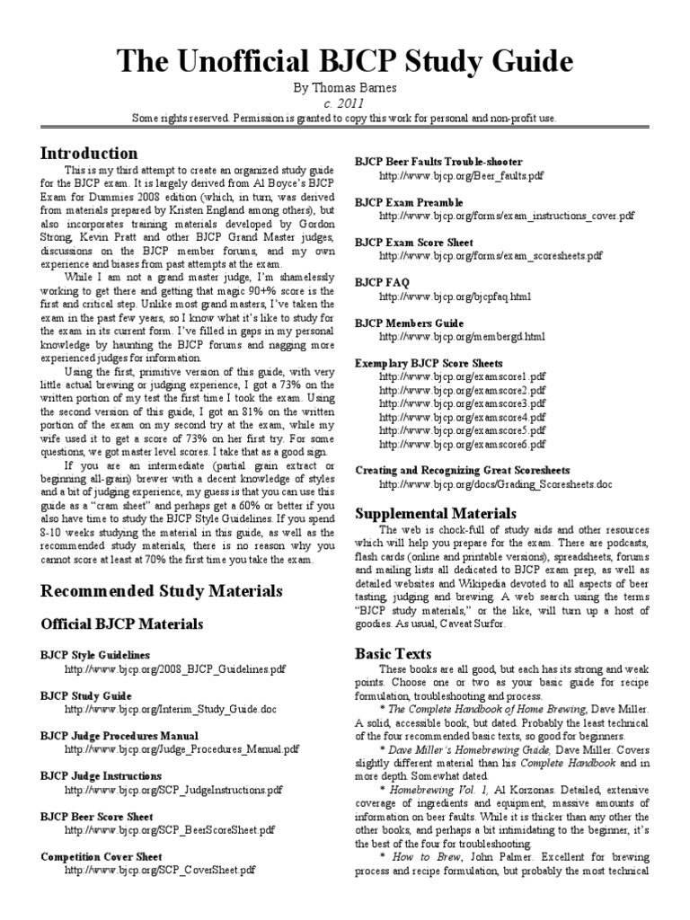 The Unofficial BJCP Study Guide: by Thomas Barnes | PDF | Beer | Brewing