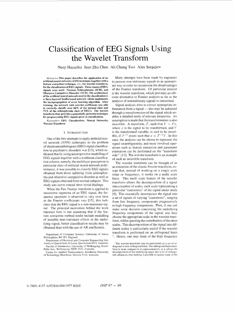 Classification of EEG Signals Using Transform: The Wavelet | PDF | Wavelet | Electroencephalography