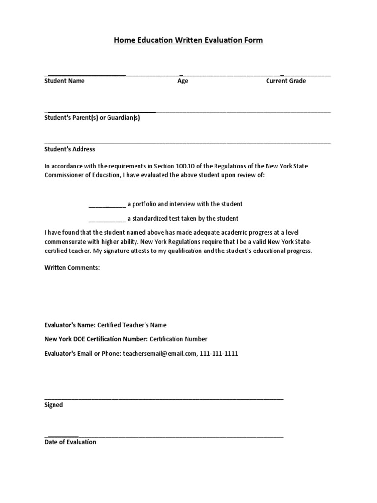 Home Education Written Evaluation Form | PDF