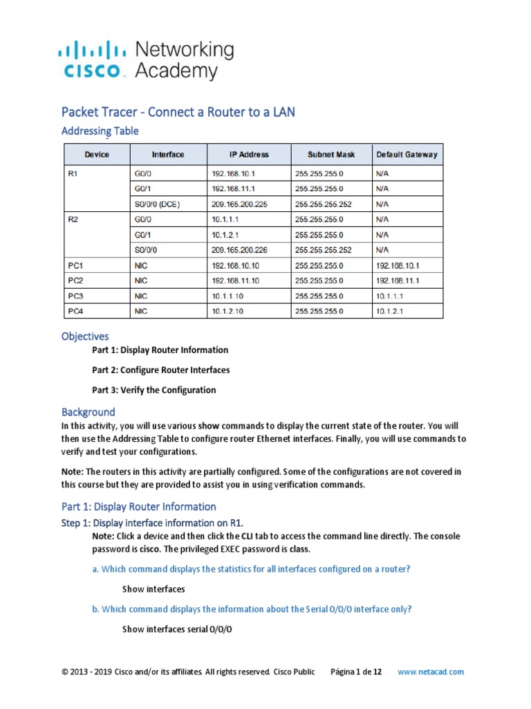 Packet Tracer - Connect A Router To A LAN: Addressing Table | PDF | Router (Computing) | Routing