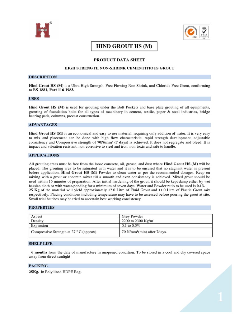 Hind Grout Hs (M) : Product Data Sheet | PDF | Concrete | Building ...
