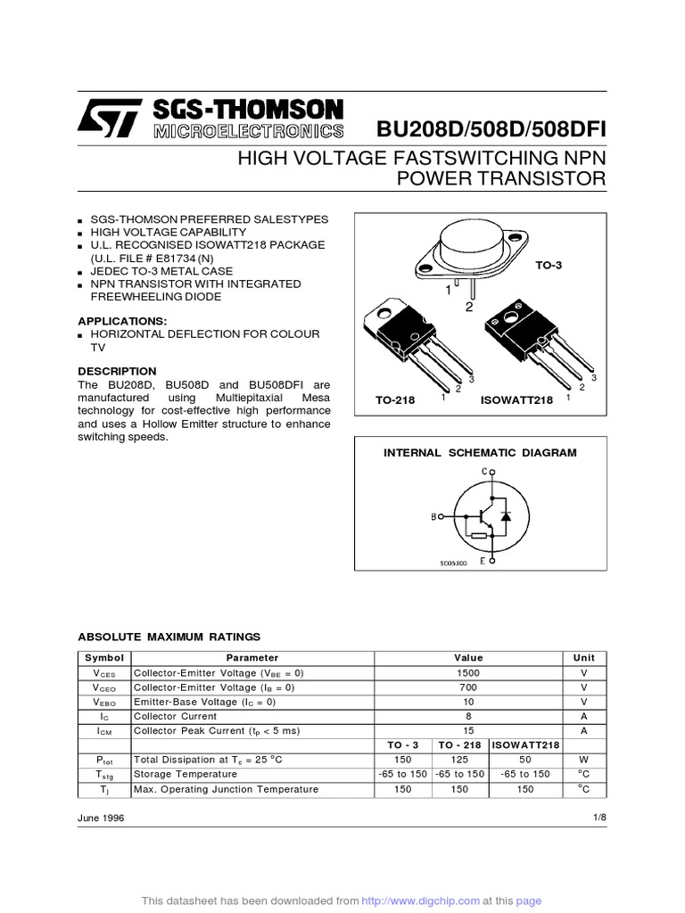 BU208D/508D/508DFI: High Voltage Fastswitching NPN Power Transistor | PDF