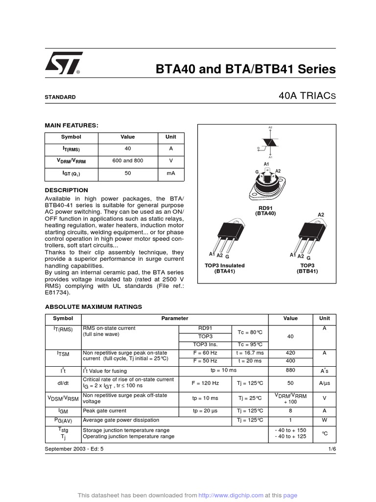 BTA40 and BTA/BTB41 Series: 40A Triac | PDF | Root Mean Square | Patent