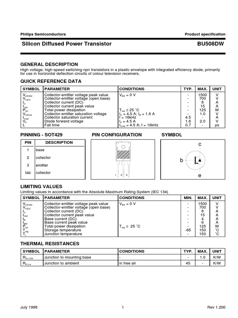Silicon Diffused Power Transistor BU508DW: General Description | PDF | Bipolar Junction ...