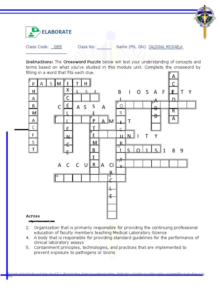 Medical Laboratory Crossword Puzzle | PDF | Medical Laboratory | Health ...
