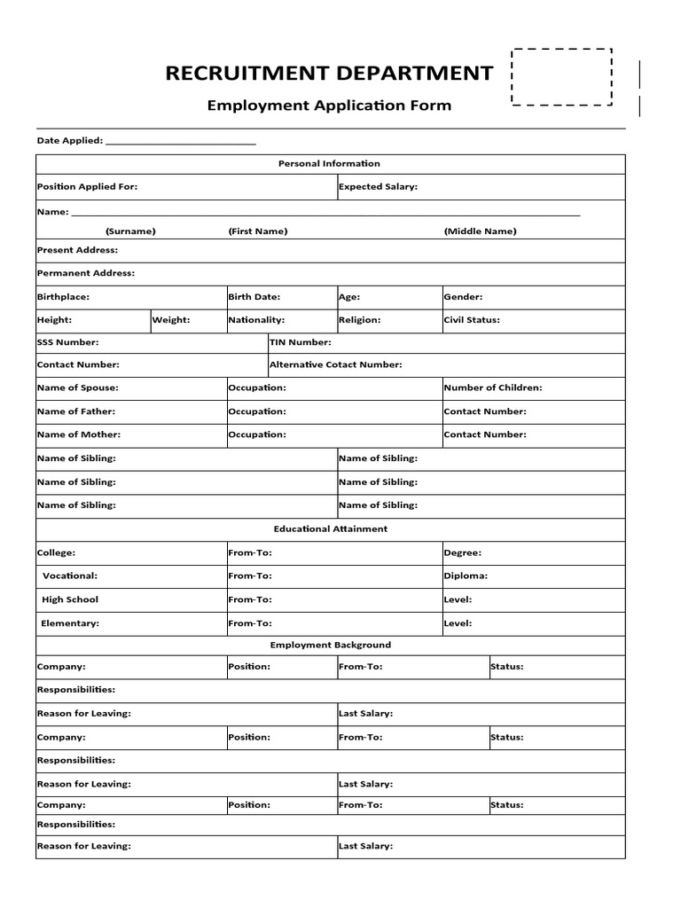 Recruitment Department: Employment Application Form | Download Free PDF ...