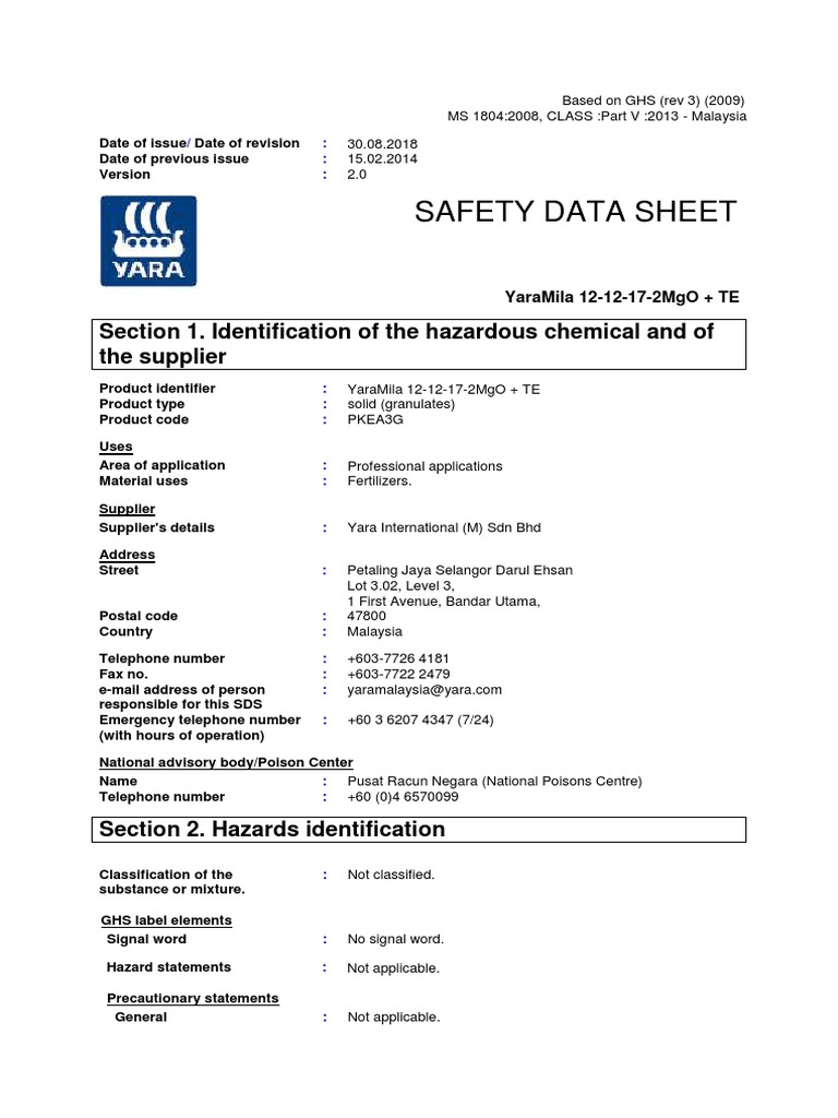 Safety Data Sheet: Section 1. Identification of The Hazardous Chemical ...